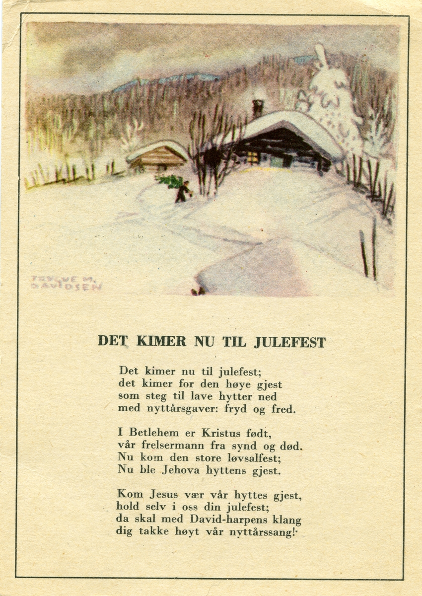 Julekort. Ubrukt. En mann kommer inn på gården med et juletre. Rundt ...