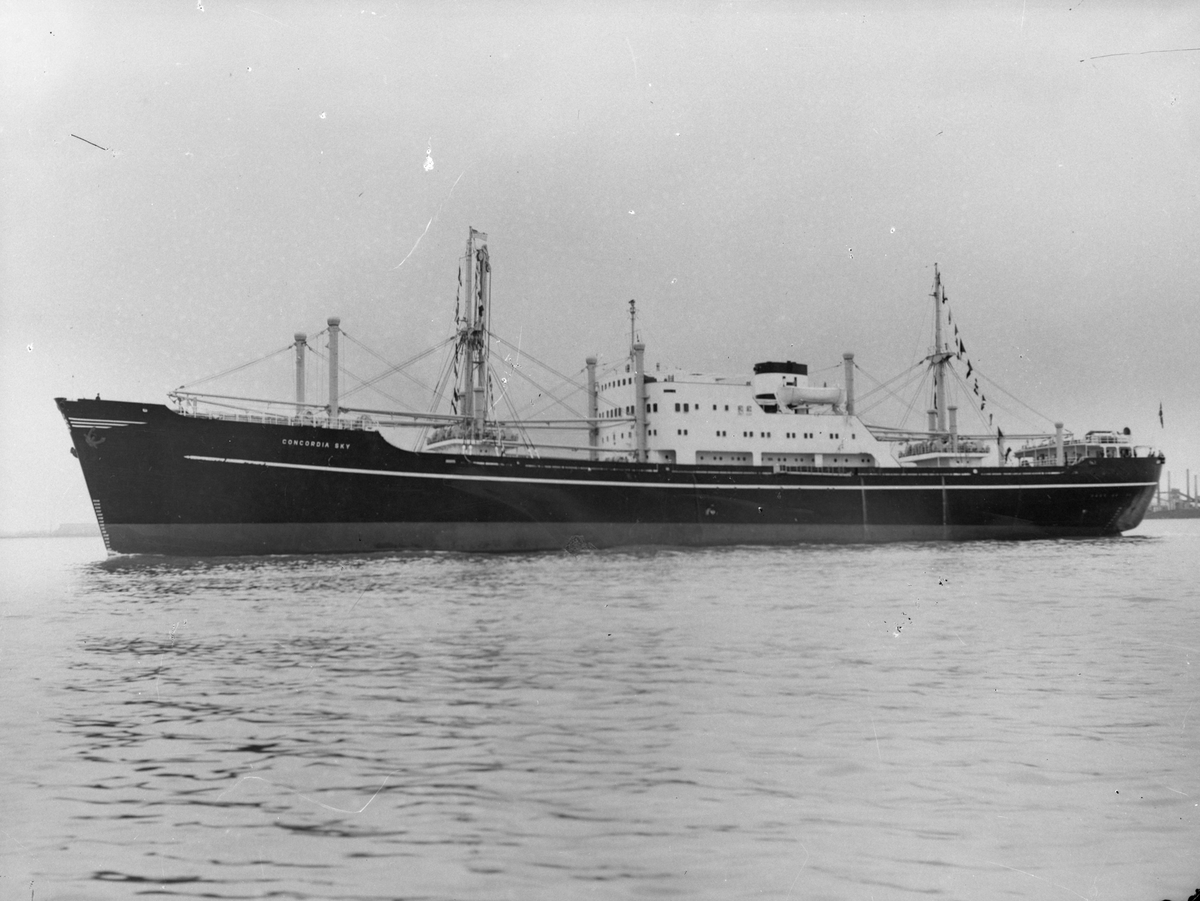 Linjeskipet M/S "Concordia Sky" nær land, med en av mannskapet på ...